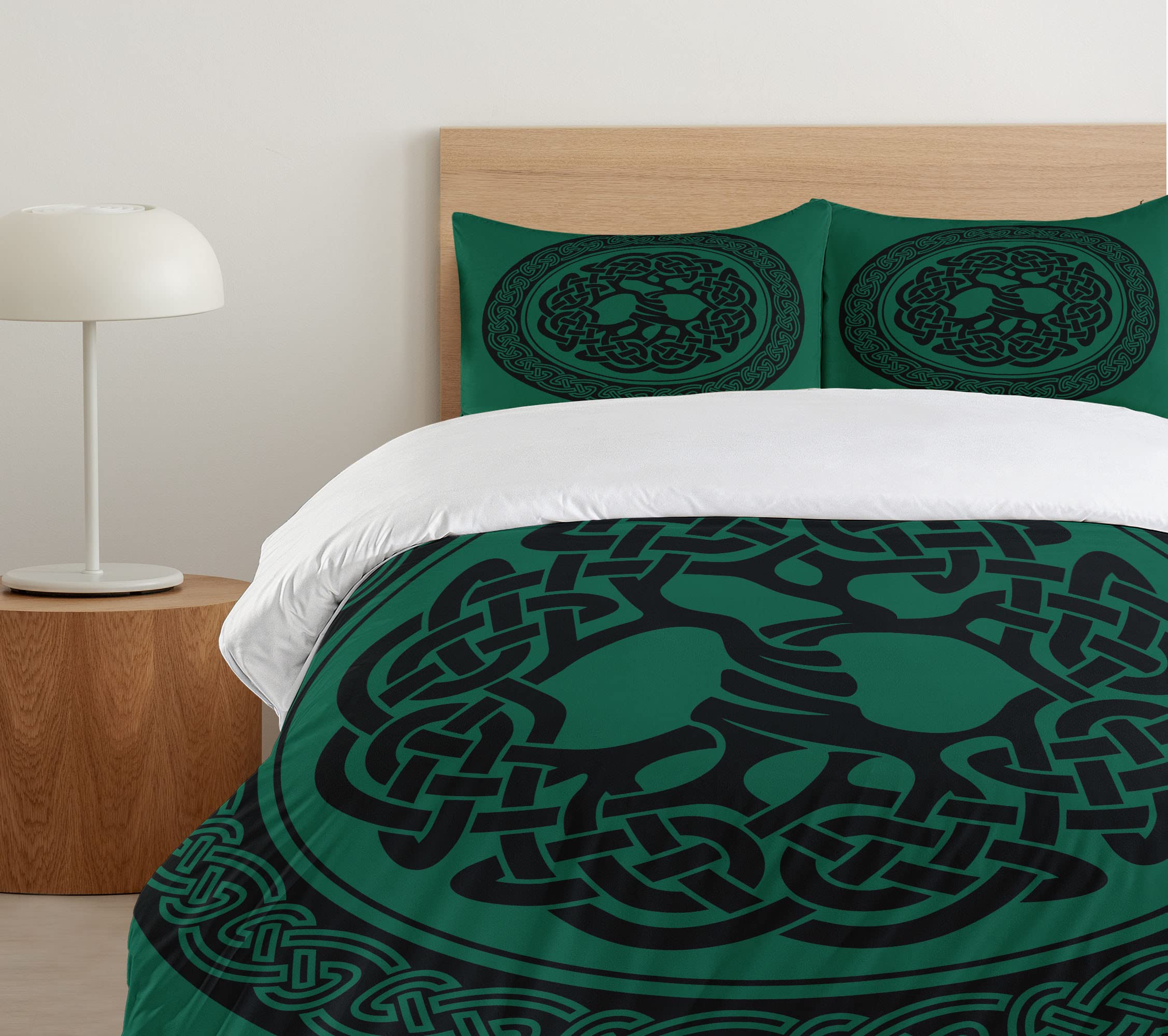 Ambesonne Celtic Duvet Cover Set, Monochrome Tree of Life Illustration Timeless European Motif, Decorative 3 Piece Bedding Set with 2 Pillow Shams, King Size, Forest Green Black