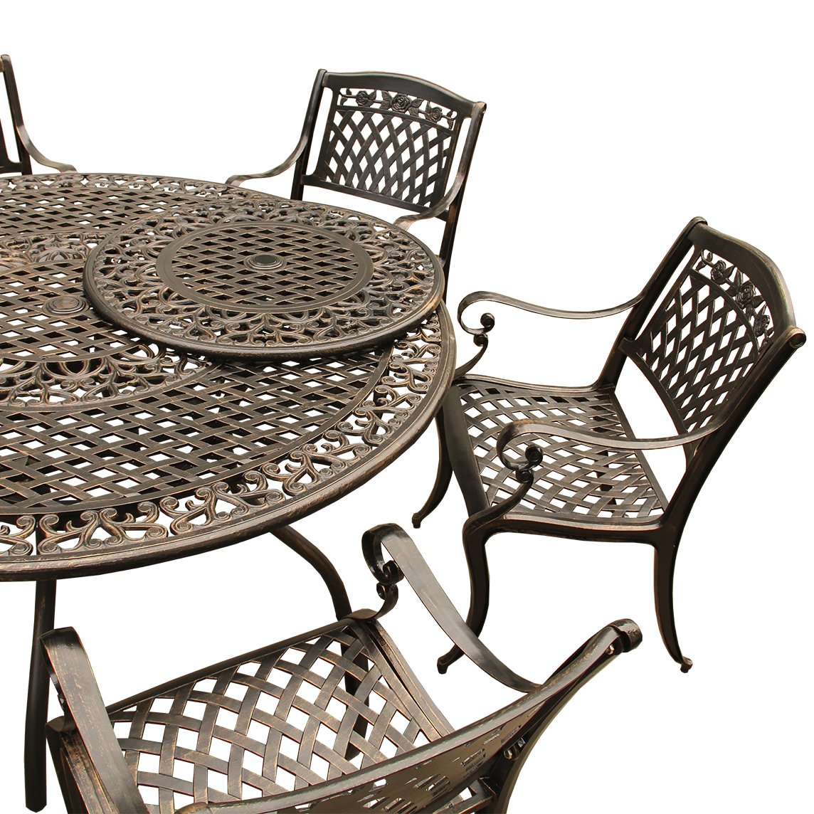 Oakland Living Rose Ornate Traditional Outdoor Mesh Lattice Aluminum 59 inch Bronze Round Dining Set with Lazy Susan and Six Chairs