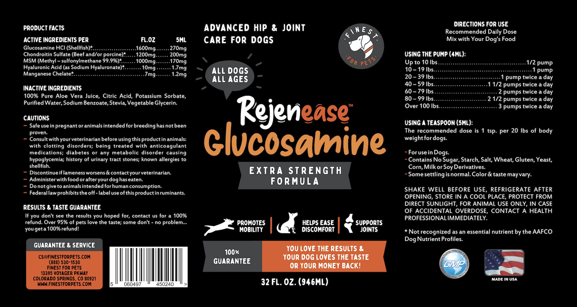 Liquid Glucosamine for Dogs with Chondroitin MSM - Rejenease Hip and Joint Supplement Supports Mobility, Arthritis & Pain Relief (32 oz)