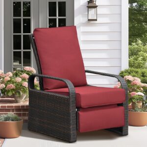 Outdoor Recliner, Outdoor Resin Wicker Patio Recliner Chair with Cushions, Patio Furniture Auto Adjustable Rattan Sofa, UV/Fade/Water/Sweat/Rust Protected, Easy to Assemble (Red)