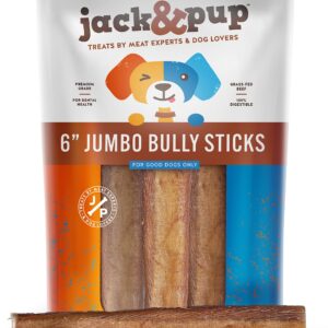 Jack&Pup 6" Bully Sticks for Dogs | Jumbo Odor Free Bully Sticks for Large Dogs | All Natural Beef Pizzle Sticks (Jumbo, 6 Pack)