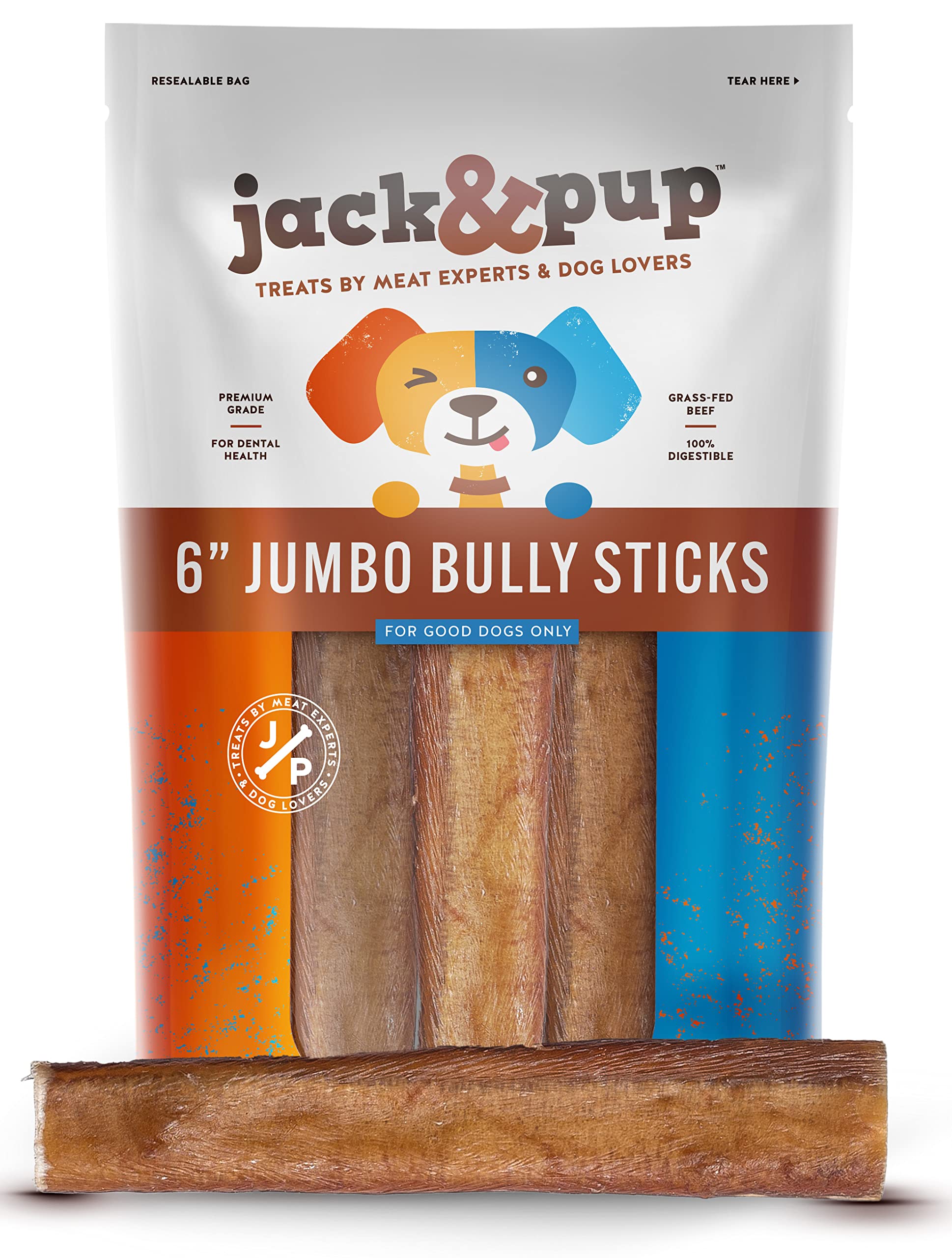 Jack&Pup 6" Bully Sticks for Dogs | Jumbo Odor Free Bully Sticks for Large Dogs | All Natural Beef Pizzle Sticks (Jumbo, 6 Pack)