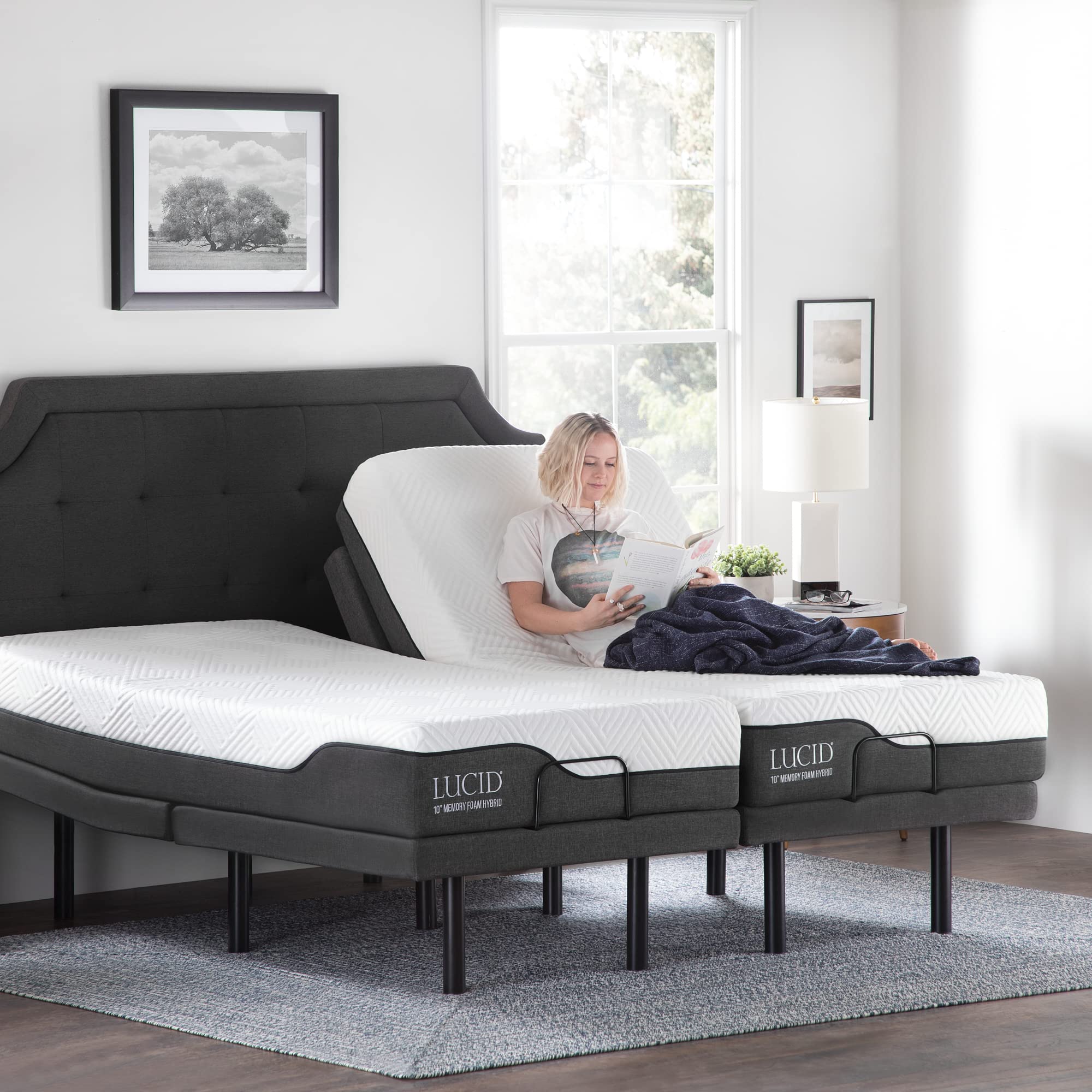 LUCID L300 Adjustable Bed Base with LUCID 10 Inch Memory Foam Hybrid Mattress - Split King