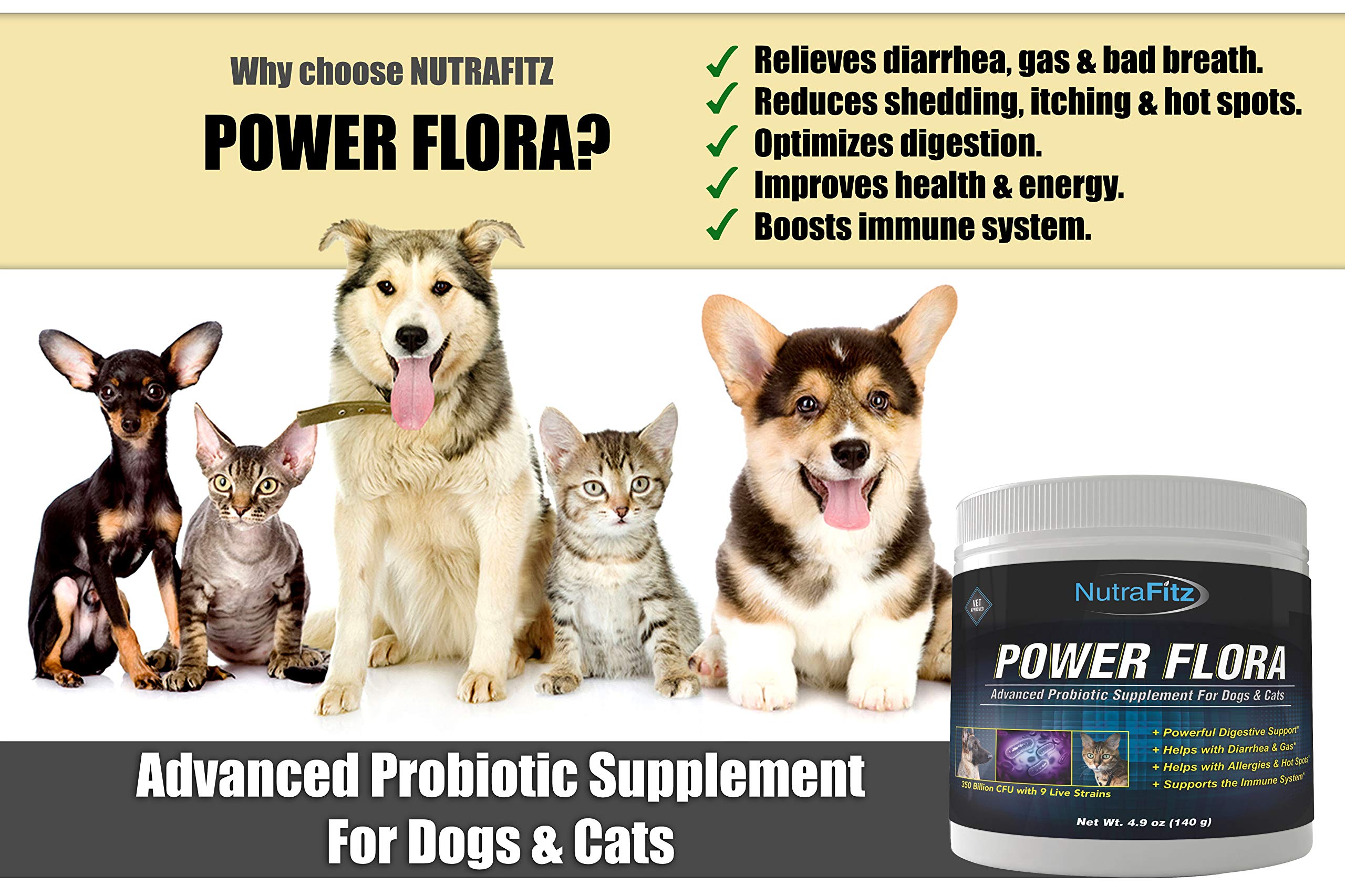 Power Flora - Probiotics for Dogs and Cats with 9 Live Strains - Dog Probiotics Improves Dog Breath, UTI, Diarrhea, Constipation, Skin Allergy, Hot Spots - Odorless Powder - 350 Billion CFU/jar