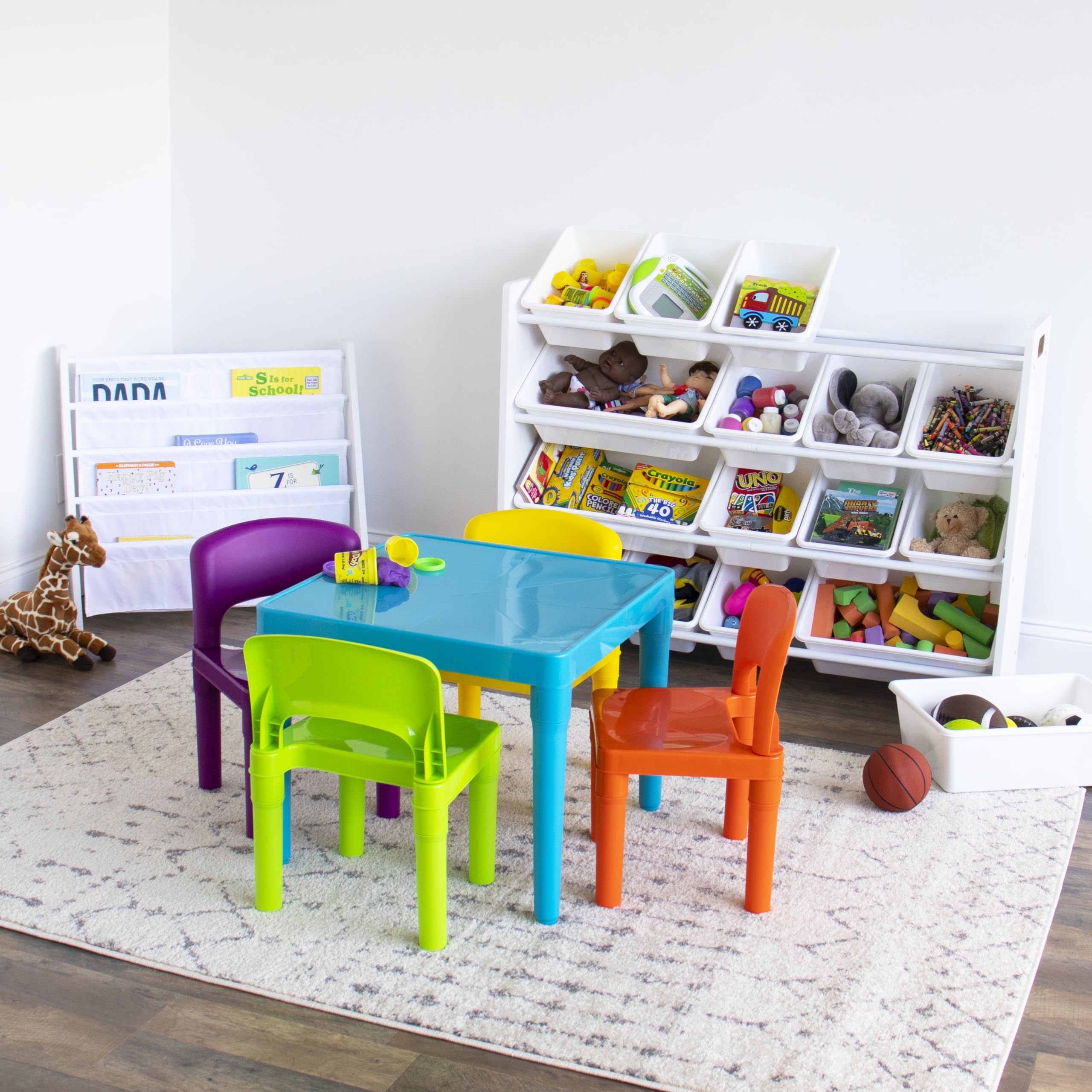 Humble Crew, Blue Table & Red/Green/Yellow/Purple Kids Lightweight Plastic Table and 4 Chairs Set, Square