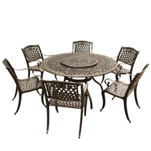 oakland living rose ornate traditional outdoor mesh lattice aluminum 59 inch bronze round dining set with lazy susan and six chairs