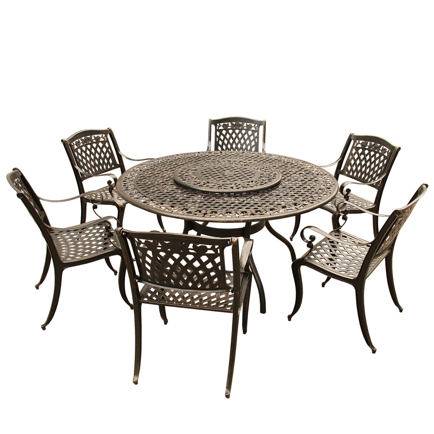 Oakland Living Rose Ornate Traditional Outdoor Mesh Lattice Aluminum 59 inch Bronze Round Dining Set with Lazy Susan and Six Chairs