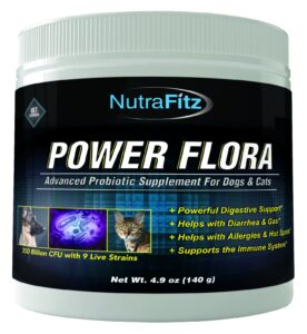 power flora - probiotics for dogs and cats with 9 live strains - dog probiotics improves dog breath, uti, diarrhea, constipation, skin allergy, hot spots - odorless powder - 350 billion cfu/jar