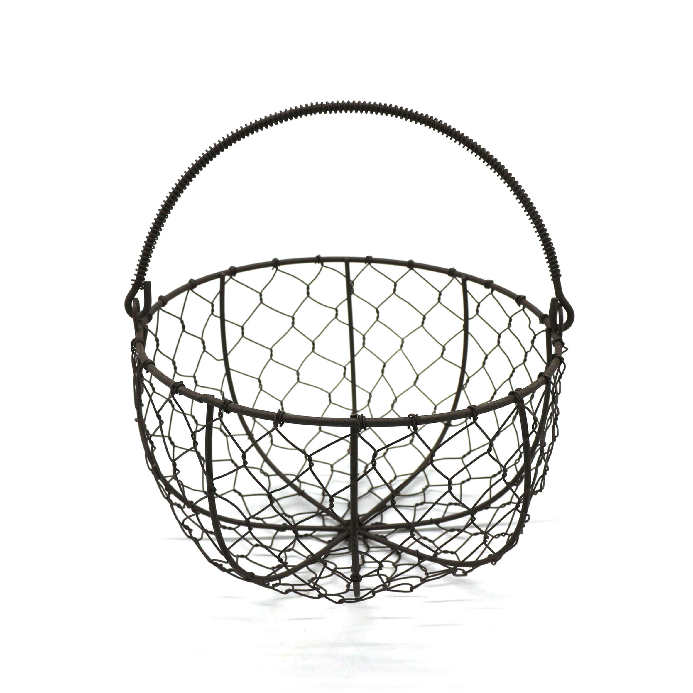 CVHOMEDECO. Round Metal Wire Egg Basket Wire Gathering Basket with Handle Country Vintage Style Storage Basket. Rusty, Dia. 8 X H 4-3/4 Inch