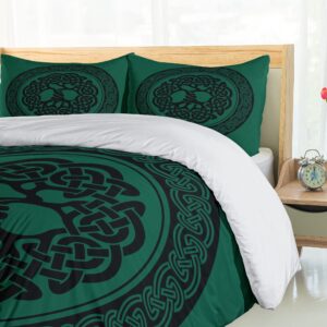 Ambesonne Celtic Duvet Cover Set, Monochrome Tree of Life Illustration Timeless European Motif, Decorative 3 Piece Bedding Set with 2 Pillow Shams, King Size, Forest Green Black