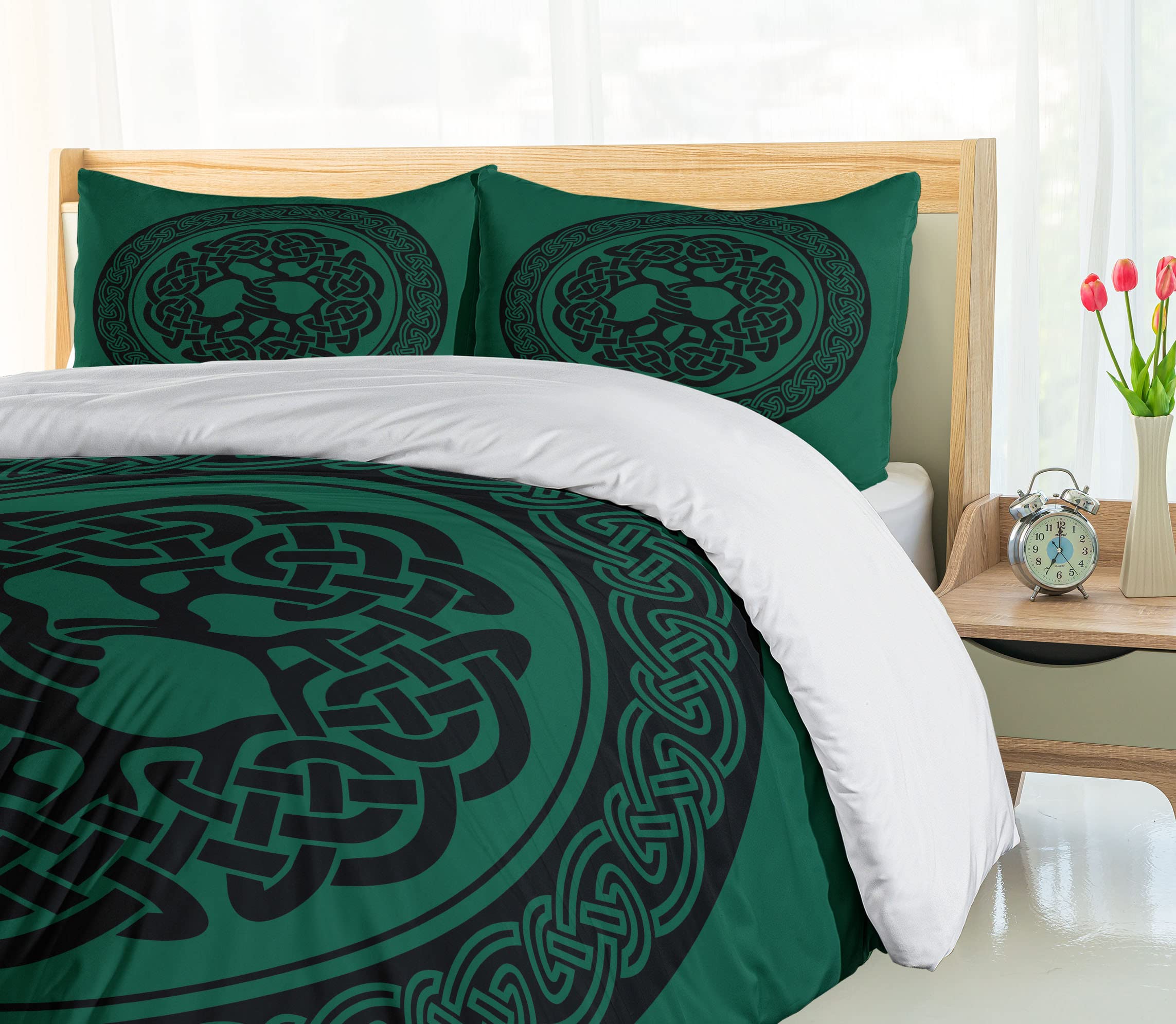 Ambesonne Celtic Duvet Cover Set, Monochrome Tree of Life Illustration Timeless European Motif, Decorative 3 Piece Bedding Set with 2 Pillow Shams, King Size, Forest Green Black