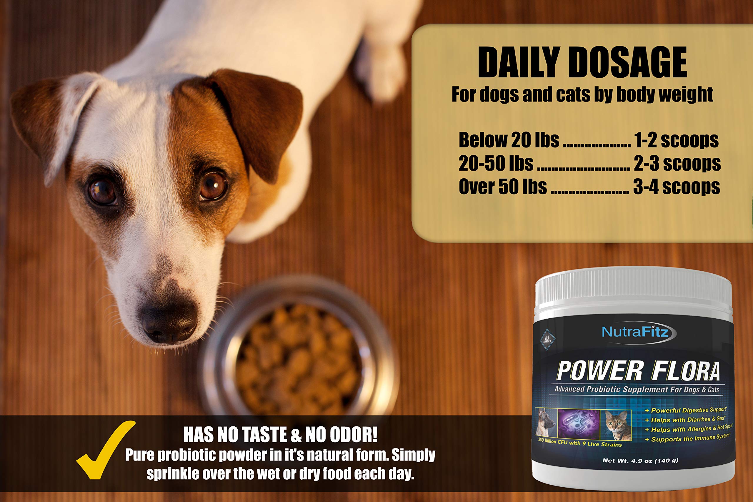 Power Flora - Probiotics for Dogs and Cats with 9 Live Strains - Dog Probiotics Improves Dog Breath, UTI, Diarrhea, Constipation, Skin Allergy, Hot Spots - Odorless Powder - 350 Billion CFU/jar