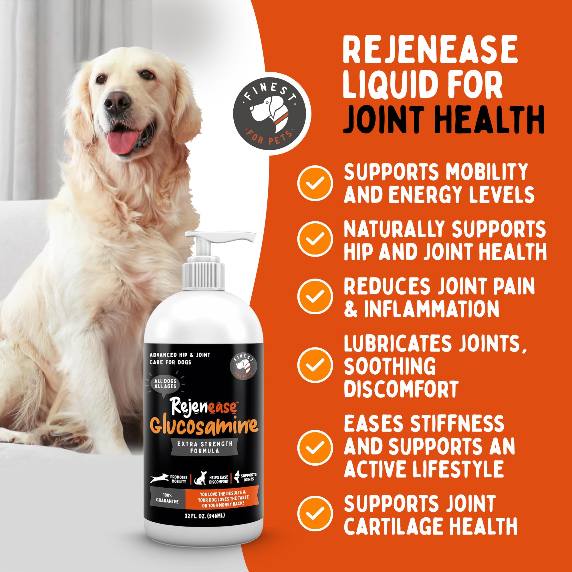 Liquid Glucosamine for Dogs with Chondroitin MSM - Rejenease Hip and Joint Supplement Supports Mobility, Arthritis & Pain Relief (32 oz)