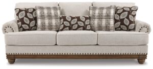 signature design by ashley harleson modern farmhouse sofa with nailhead trim and 5 accent pillows, beige