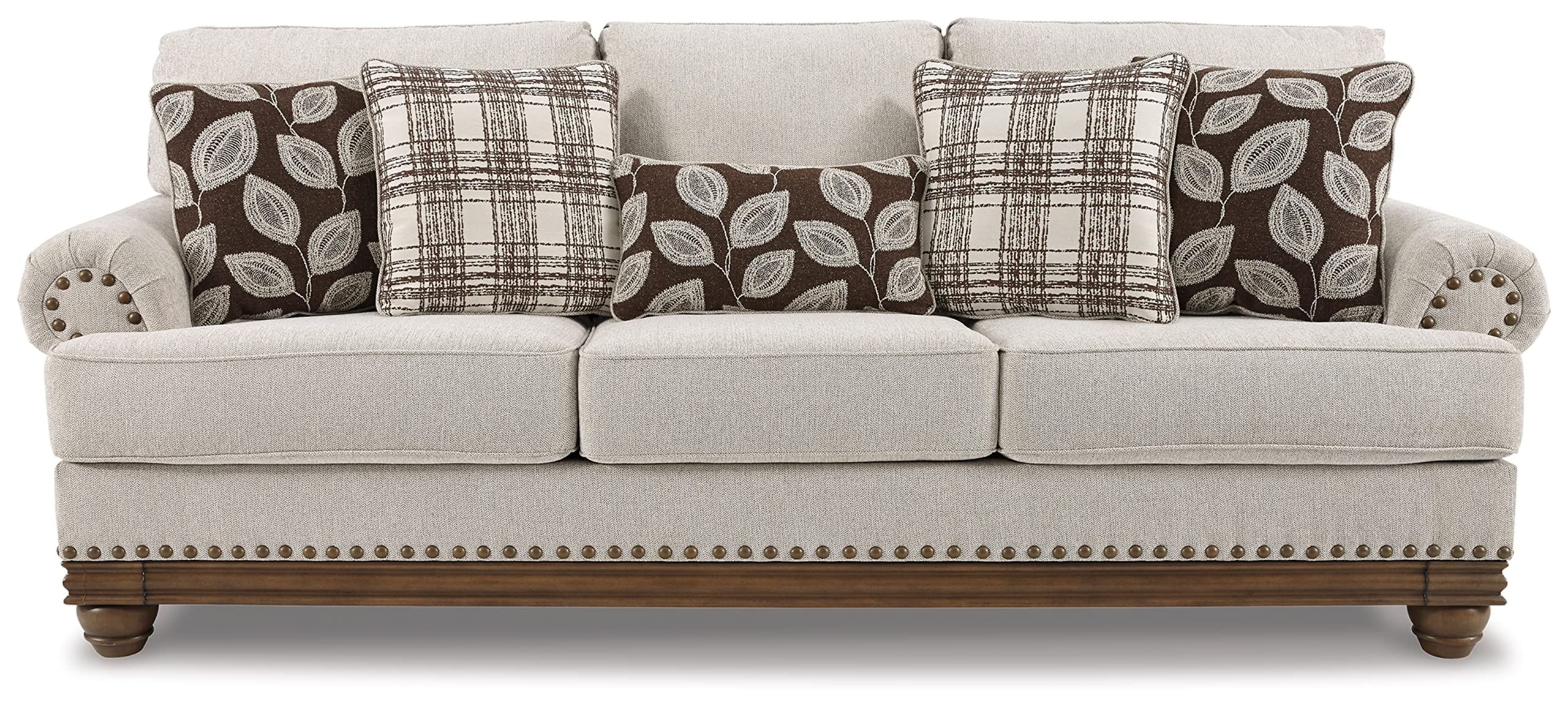 Signature Design by Ashley Harleson Modern Farmhouse Sofa with Nailhead Trim and 5 Accent Pillows, Beige