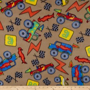 polar fleece monster trucks tan, fabric by the yard