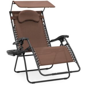 best choice products oversized steel mesh zero gravity reclining lounge patio chair w/folding canopy shade and cup holder, brown