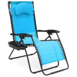 Best Choice Products Oversized Steel Mesh Zero Gravity Reclining Lounge Patio Chair w/Folding Canopy Shade and Cup Holder, Aqua