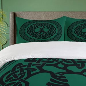 Ambesonne Celtic Duvet Cover Set, Monochrome Tree of Life Illustration Timeless European Motif, Decorative 3 Piece Bedding Set with 2 Pillow Shams, King Size, Forest Green Black