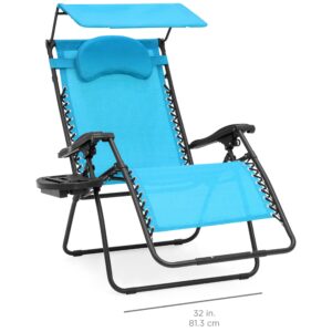 Best Choice Products Oversized Steel Mesh Zero Gravity Reclining Lounge Patio Chair w/Folding Canopy Shade and Cup Holder, Aqua