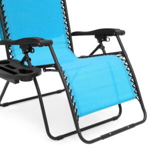 Best Choice Products Oversized Steel Mesh Zero Gravity Reclining Lounge Patio Chair w/Folding Canopy Shade and Cup Holder, Aqua