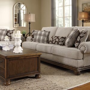 Signature Design by Ashley Harleson Modern Farmhouse Sofa with Nailhead Trim and 5 Accent Pillows, Beige