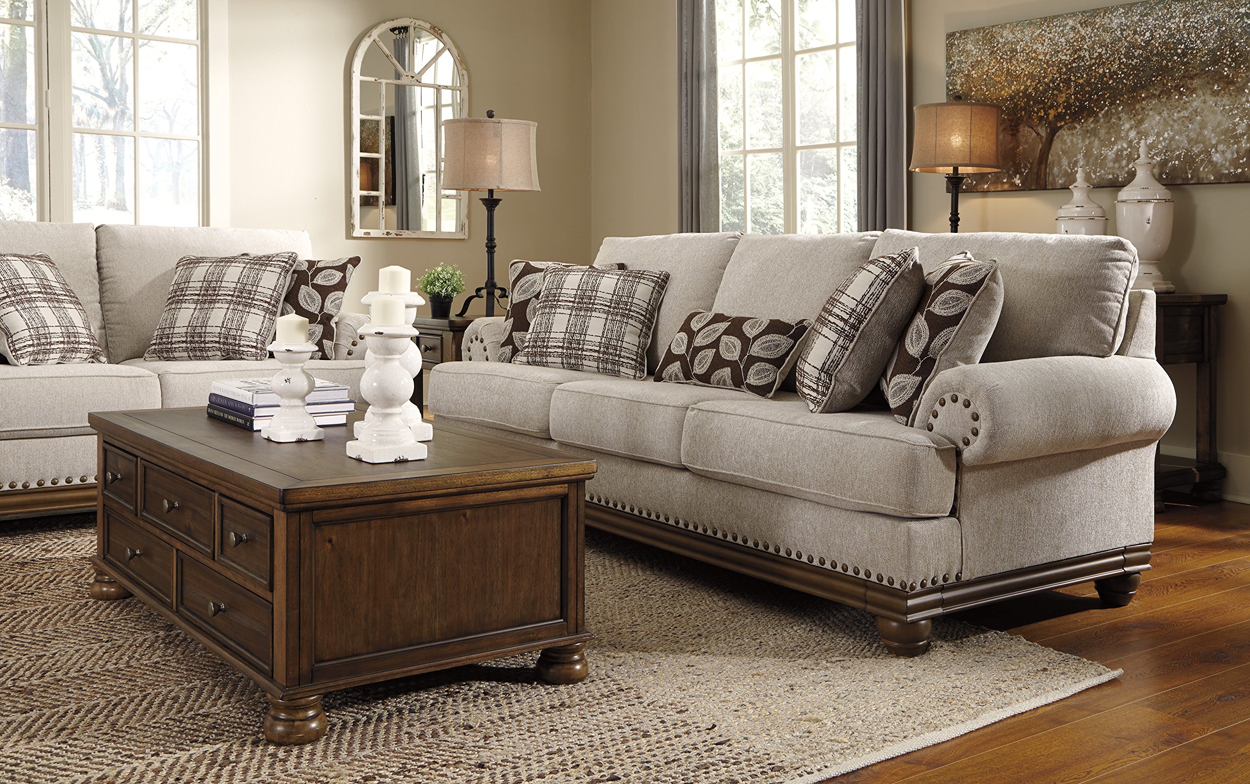 Signature Design by Ashley Harleson Modern Farmhouse Sofa with Nailhead Trim and 5 Accent Pillows, Beige