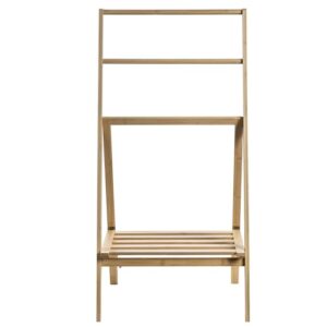 MyGift 43 Inch Light Brown Solid Bamboo Freestanding Towel Rack, Bathroom Folding Towel Drying Stand with Bottom Storage Shelf