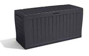 keter marvel+ 270l outdoor 65% recycled garden furniture storage box graphite wood panel effect | fade free | all weather resistant | safe and secure | zero maintenance | 2 year warranty