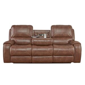 Roundhill Furniture Achern Leather Air Nail head Manual Reclining Sofa with Storage Console, Brown