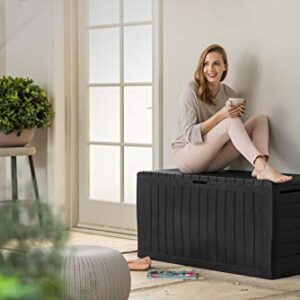 Keter Marvel+ 270L Outdoor 65% recycled Garden Furniture Storage Box Graphite Wood Panel Effect | Fade Free | All Weather Resistant | Safe and Secure | Zero Maintenance | 2 year Warranty