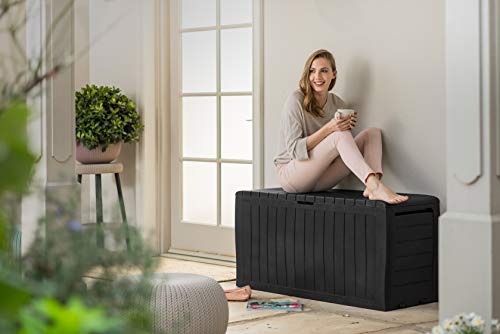 Keter Marvel+ 270L Outdoor 65% recycled Garden Furniture Storage Box Graphite Wood Panel Effect | Fade Free | All Weather Resistant | Safe and Secure | Zero Maintenance | 2 year Warranty