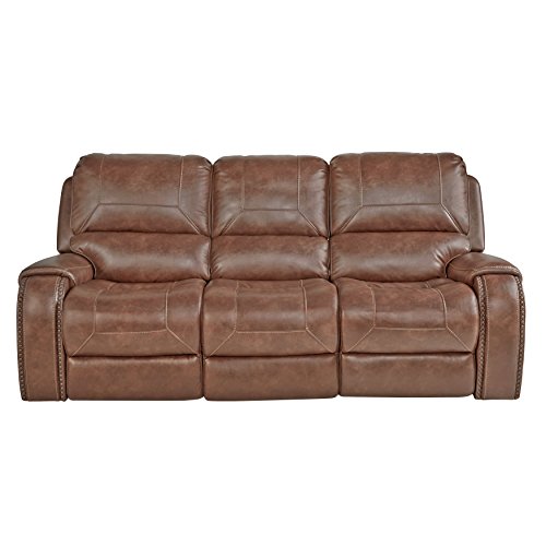 Roundhill Furniture Achern Leather Air Nail head Manual Reclining Sofa with Storage Console, Brown