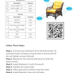 Malibu Lounge Set of 4: 2 Natural Rattan Wicker Chairs, Loveseat with Light Brown Cushions and Coffee Table w/Glass Handmade, White Wash