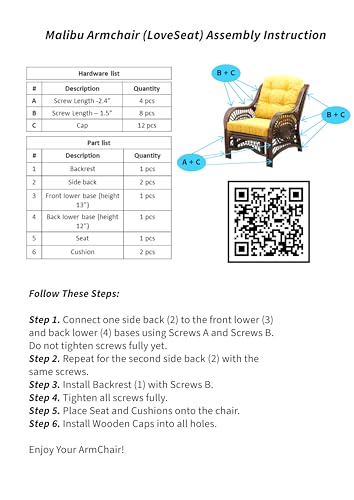 Malibu Lounge Set of 4: 2 Natural Rattan Wicker Chairs, Loveseat with Light Brown Cushions and Coffee Table w/Glass Handmade, White Wash