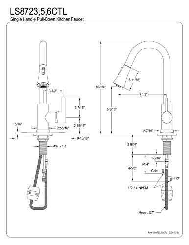 Kingston Brass LS8725CTL Continental Single-Handle Pull-Down Kitchen Faucet, 8-3/8" in Spout Reach, Oil Rubbed Bronze