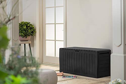 Keter Marvel+ 270L Outdoor 65% recycled Garden Furniture Storage Box Graphite Wood Panel Effect | Fade Free | All Weather Resistant | Safe and Secure | Zero Maintenance | 2 year Warranty