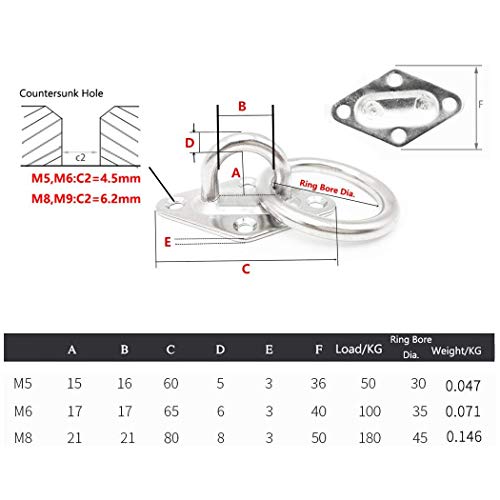 304 Stainless Steel Diamond Eye Pad Plate with Ring 5/16" 8mm Anchor Mount Great for Yoga Swings Hammocks/Boat Rigging/Marine Deck Hardware/Suspension Training Straps