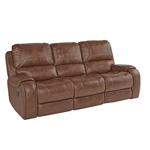 Roundhill Furniture Achern Leather Air Nail head Manual Reclining Sofa with Storage Console, Brown