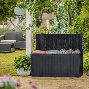 Keter Marvel+ 270L Outdoor 65% recycled Garden Furniture Storage Box Graphite Wood Panel Effect | Fade Free | All Weather Resistant | Safe and Secure | Zero Maintenance | 2 year Warranty