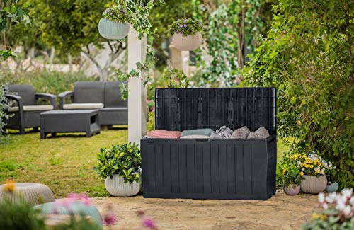 Keter Marvel+ 270L Outdoor 65% recycled Garden Furniture Storage Box Graphite Wood Panel Effect | Fade Free | All Weather Resistant | Safe and Secure | Zero Maintenance | 2 year Warranty