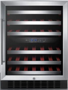 summit appliance swc530blbist commercially approved dual zone built-in wine cellar with glass door, digital thermostat, auto defost, stainless steel trimmed shelves and black cabinet