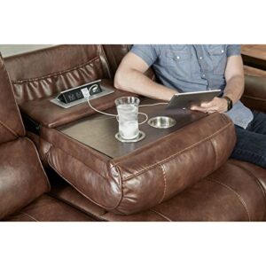 Roundhill Furniture Achern Leather Air Nail head Manual Reclining Sofa with Storage Console, Brown