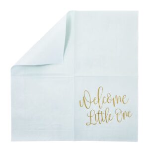 BLUE PANDA 50 Pack Pink Baby Shower Napkins –“Welcome Little One” Light Blue Napkins with Gold Foil for Baby Shower Decorations (5x5 In) - Baby Boy Shower Napkins - Welcome Baby Napkins