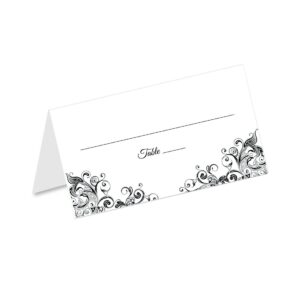 black and white flourish swirl wedding tented table place cards (50 count) - fold over tent style - wedding reception, bridal shower, anniversary party, dinner banquet place seating cards