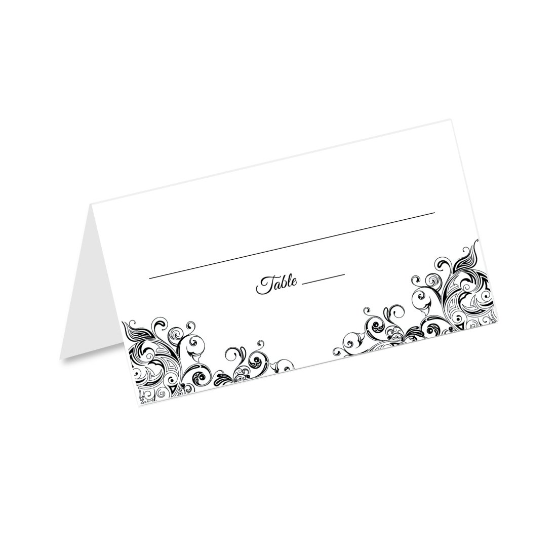 Black and White Flourish Swirl Wedding Tented Table Place Cards (50 Count) - Fold Over Tent Style - Wedding Reception, Bridal Shower, Anniversary Party, Dinner Banquet Place Seating Cards