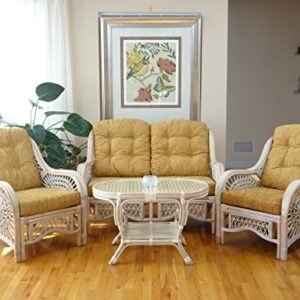 Malibu Lounge Set of 4: 2 Natural Rattan Wicker Chairs, Loveseat with Light Brown Cushions and Coffee Table w/Glass Handmade, White Wash