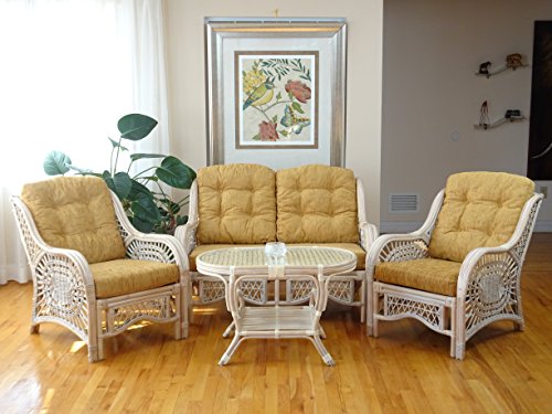 Malibu Lounge Set of 4: 2 Natural Rattan Wicker Chairs, Loveseat with Light Brown Cushions and Coffee Table w/Glass Handmade, White Wash