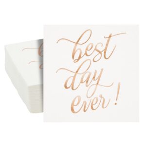 blue panda 50-pack best day ever napkins - disposable napkins for wedding reception, bridal shower, engagement party (rose gold, 5x5 in)