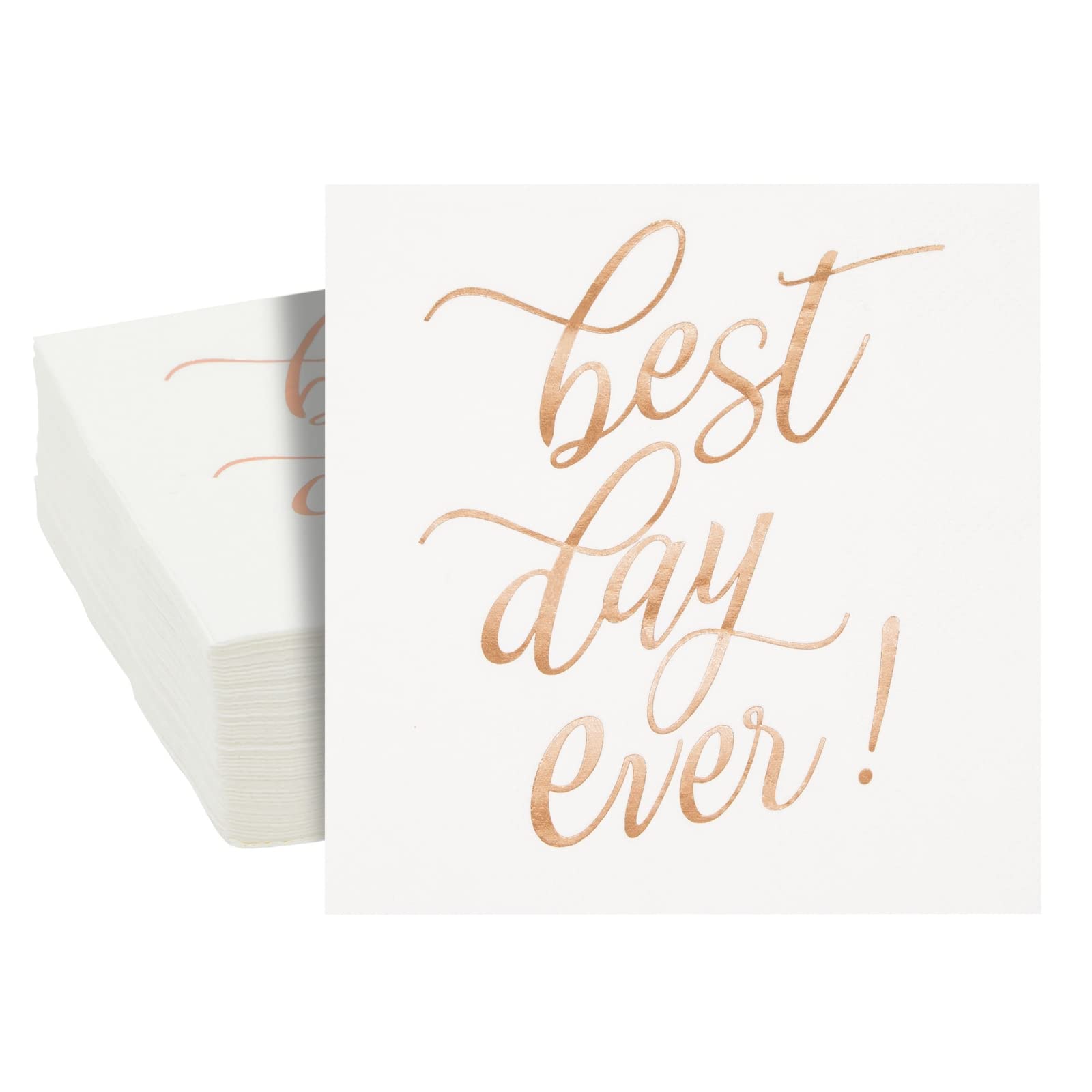 BLUE PANDA 50-Pack Best Day Ever Napkins - Disposable Napkins for Wedding Reception, Bridal Shower, Engagement Party (Rose Gold, 5x5 In)